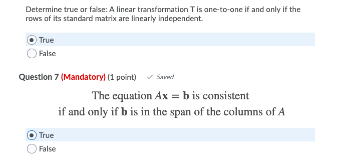 Solved Determine true or false. The vectors -1 are linearly | Chegg.com