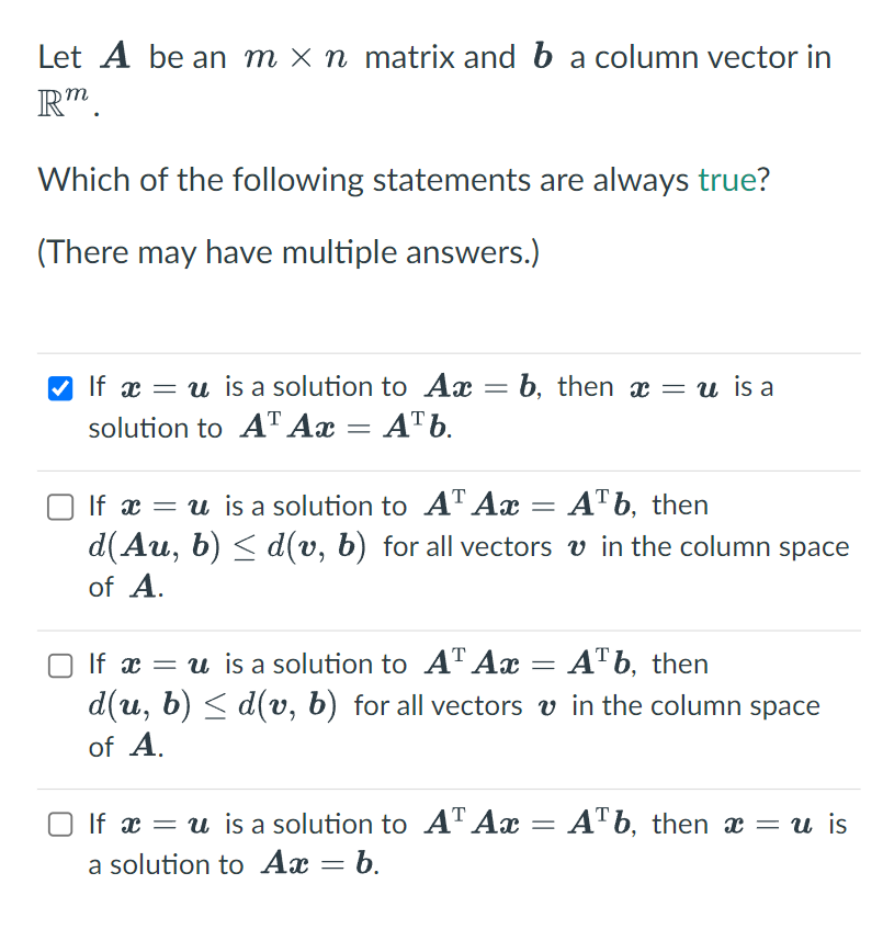 Solved Let A ﻿be an m×n ﻿matrix and b ﻿a column vector | Chegg.com