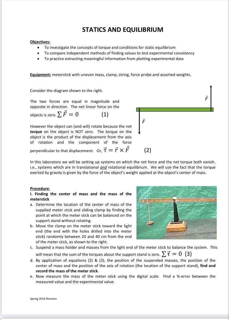 STATICS AND EQUILIBRIUM Objectives: To investigate | Chegg.com