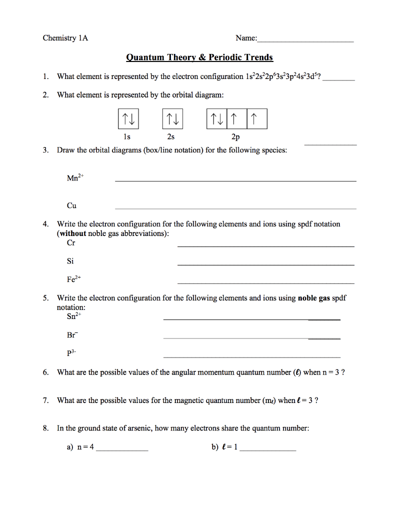 Solved Chemistry 1A Name: Quantum Theory & Periodic Trends | Chegg.com