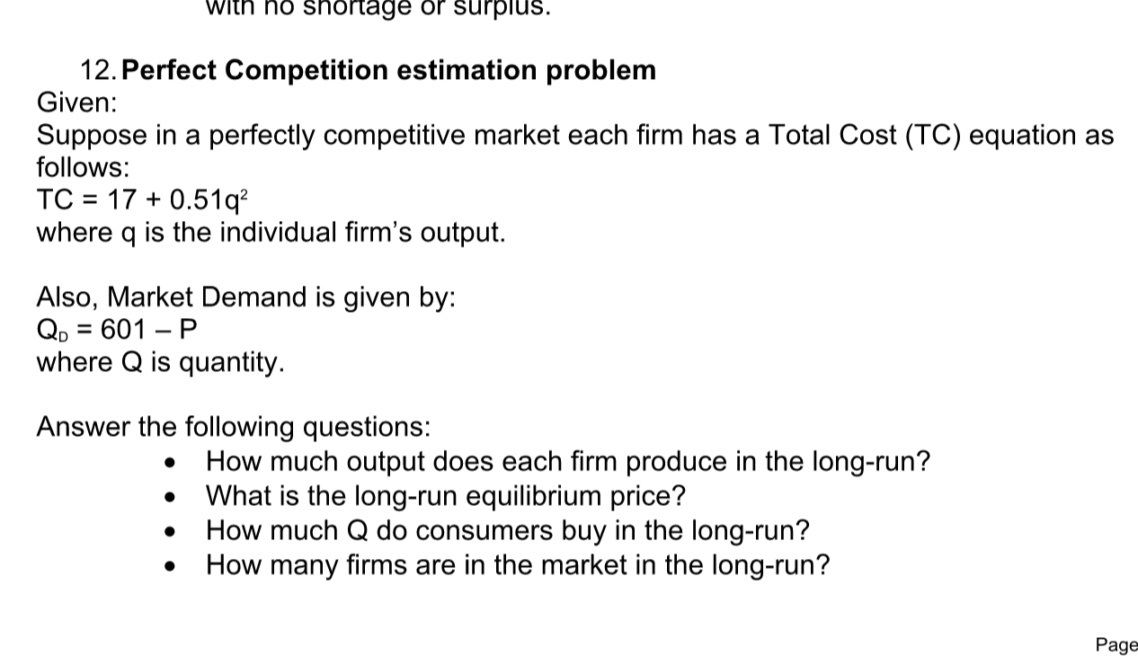 Solved 12. Perfect Competition estimation problem Given: | Chegg.com