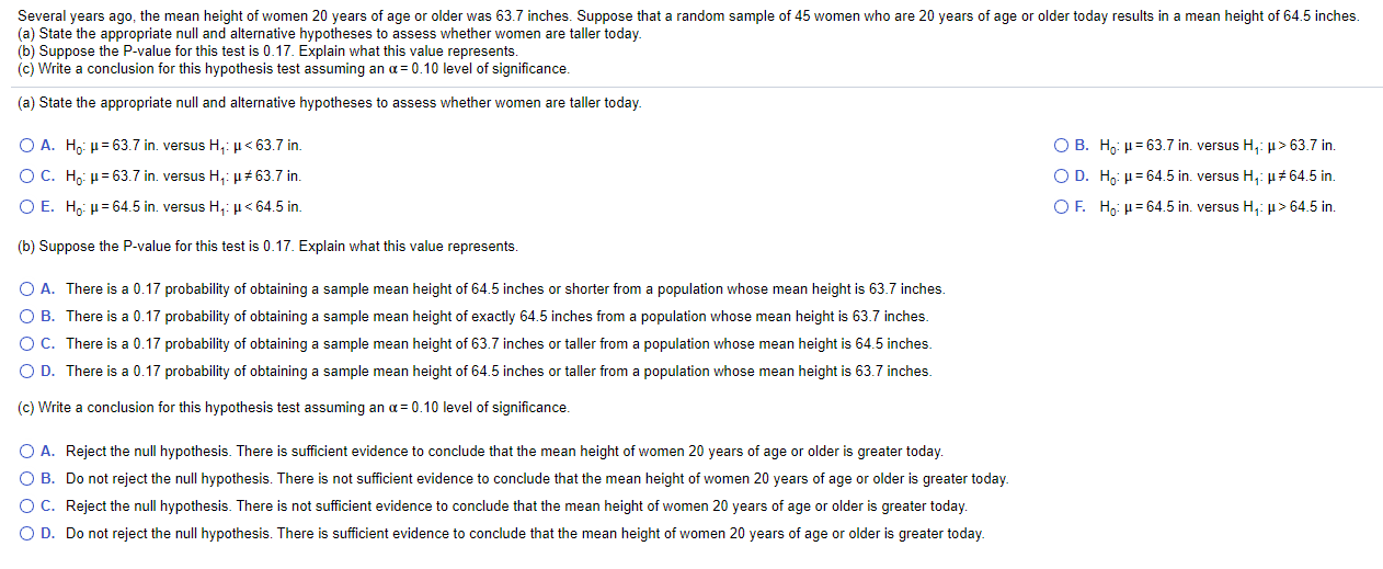 Solved Several years ago, the mean height of women 20 years | Chegg.com