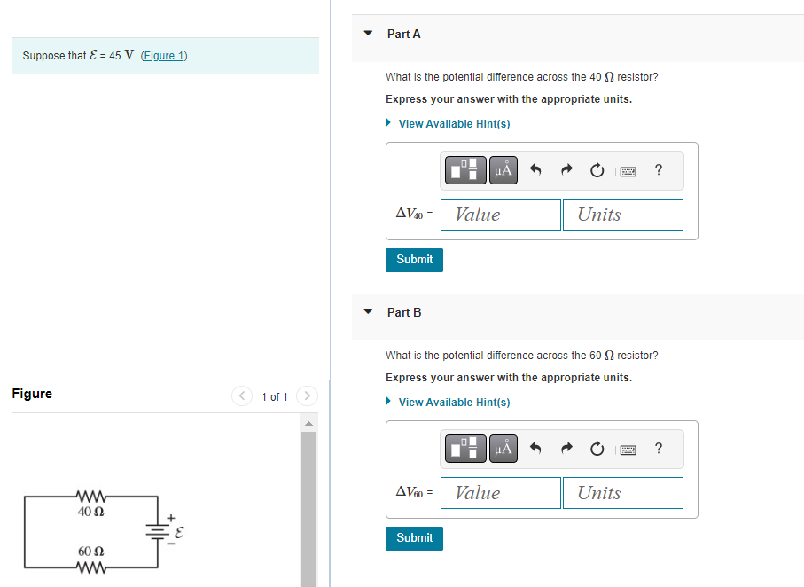 Solved Suppose that E=45 V. What is the potential difference | Chegg.com