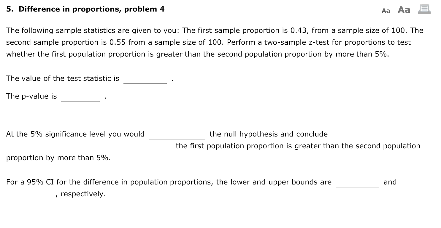 Solved 5. Difference in proportions, problem 4 Aa Aa The | Chegg.com