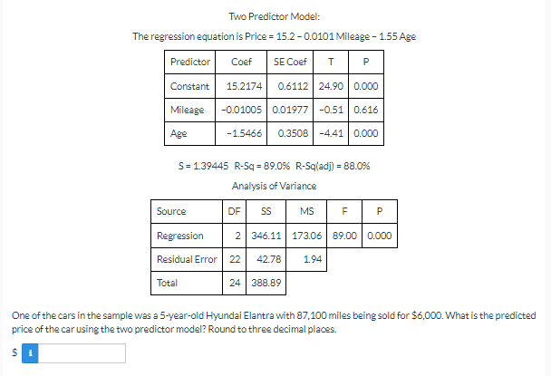 Solved Two Predictor Model: The regression equation is Price | Chegg.com