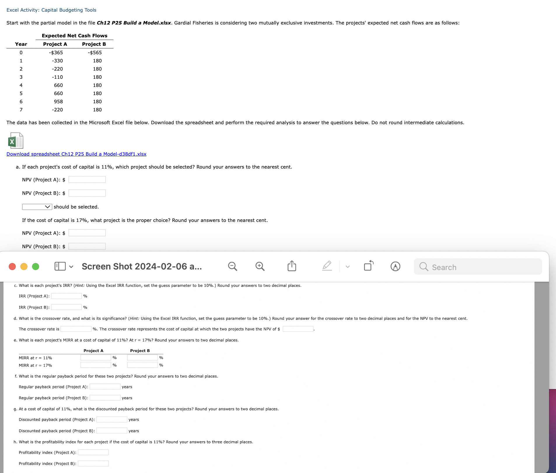 Solved Excel Activity: Capital Budgeting ToolsStart with the | Chegg.com