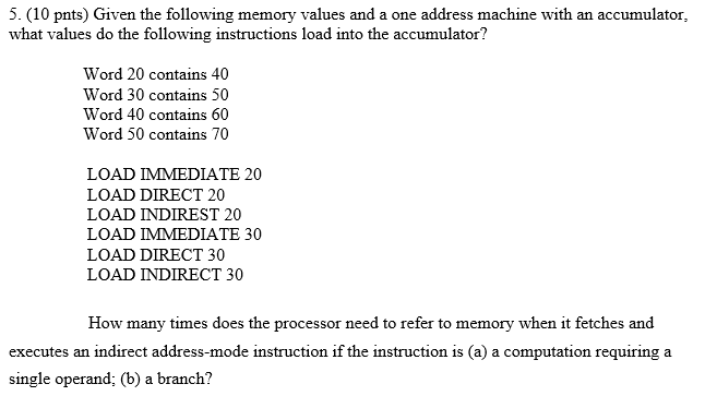 Solved 5.(10 pnts) Given the following memory values and a | Chegg.com