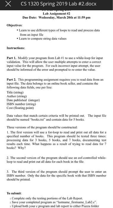 Solved × CS 1320 Spring 2019 Lab #2.docx Lab Assignment #2 | Chegg.com