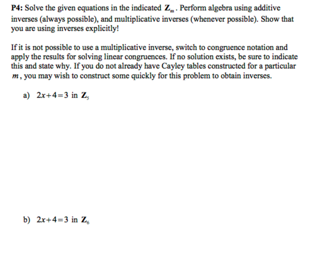 Solved P4: Solve the given equations in the indicated Z | Chegg.com