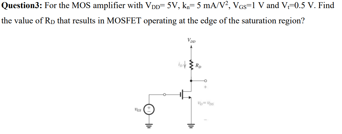 Solved Question3: For the MOS amplifier with VDD=5 V,kn=5 | Chegg.com
