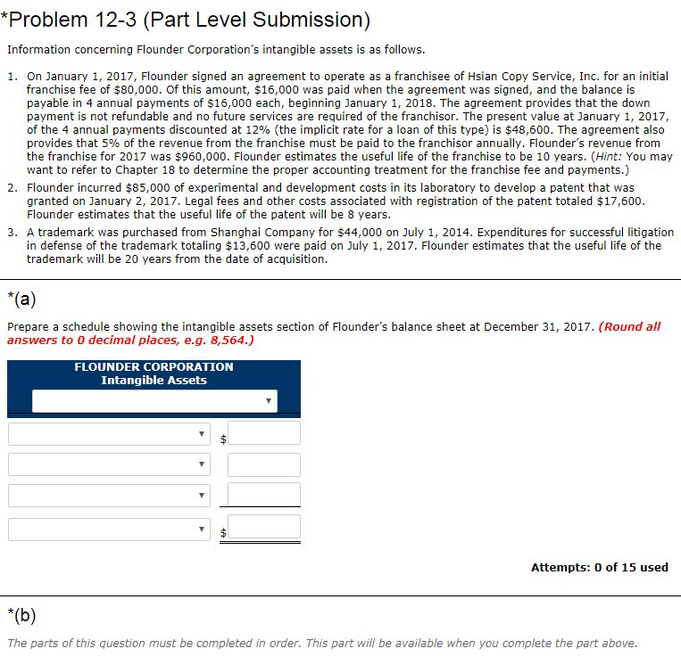 Solved *Problem 12-3 (Part Level Submission) Information | Chegg.com