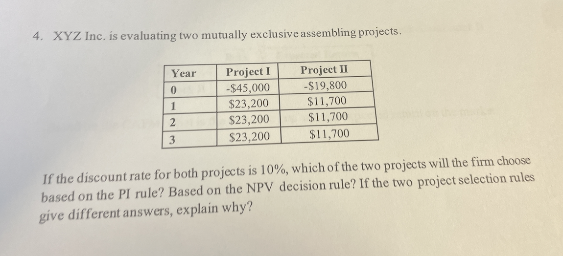 Solved 4. XYZ Inc. is evaluating two mutually exclusive | Chegg.com