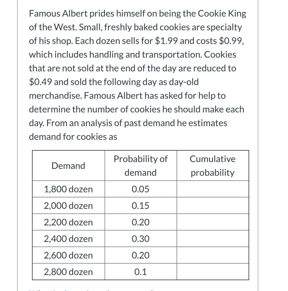 Solved Famous Albert prides himself on being the Cookie King | Chegg.com