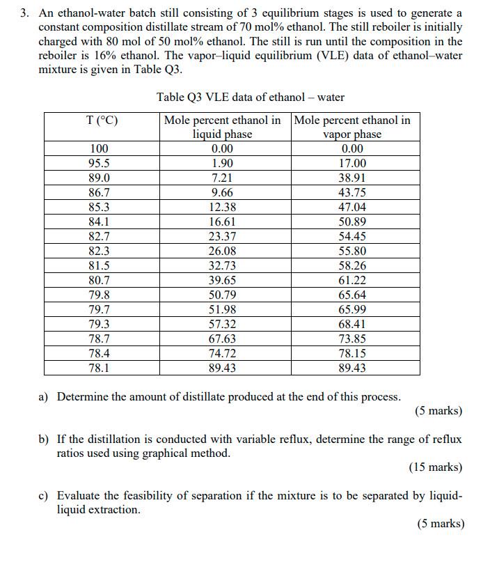Solved 3. An ethanol-water batch still consisting of 3 | Chegg.com