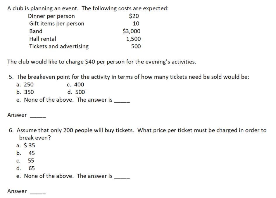 Solved A club is planning an event. The following costs are | Chegg.com