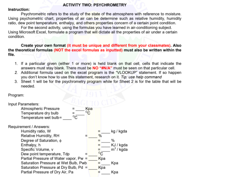 ACTIVITY TWO: PSYCHROMETRY Instruction: Psychrometric | Chegg.com