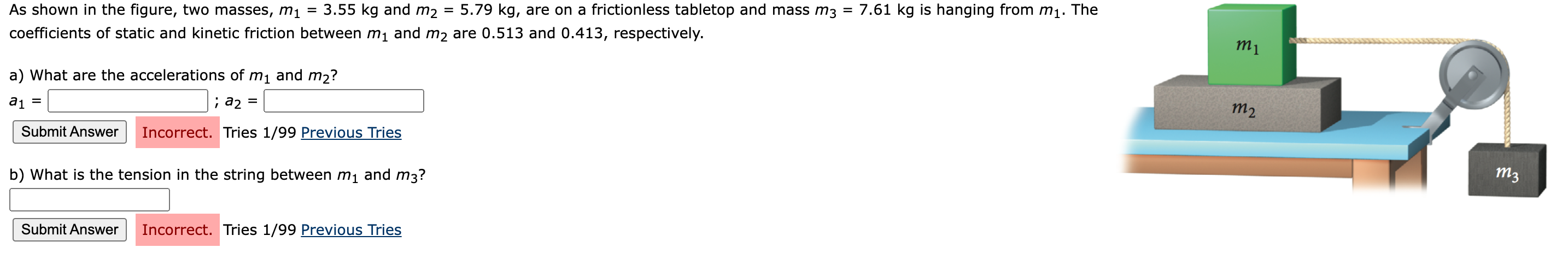 Solved As shown in the figure, two masses, m1=3.55kg ﻿and | Chegg.com