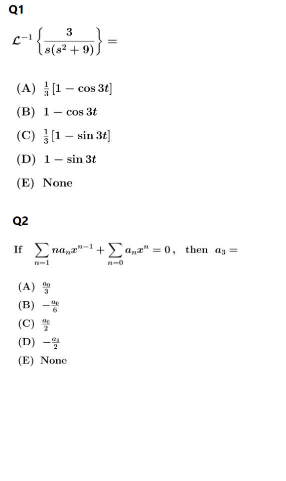 Solved Q1 ("{**} 8(92 +9) (A) } [1 – cos 3t] (B) 1 - cos 3t | Chegg.com