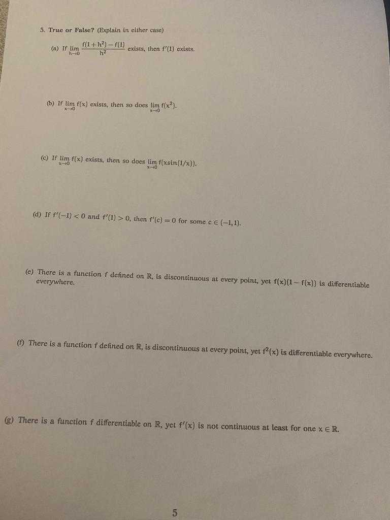 Solved 5. True or False? (Explain in either case) (a) If | Chegg.com