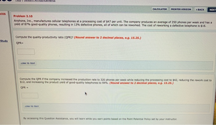 Solved CALCULATOR PRINTER VERSION ·BACK NEXT CES Problem | Chegg.com