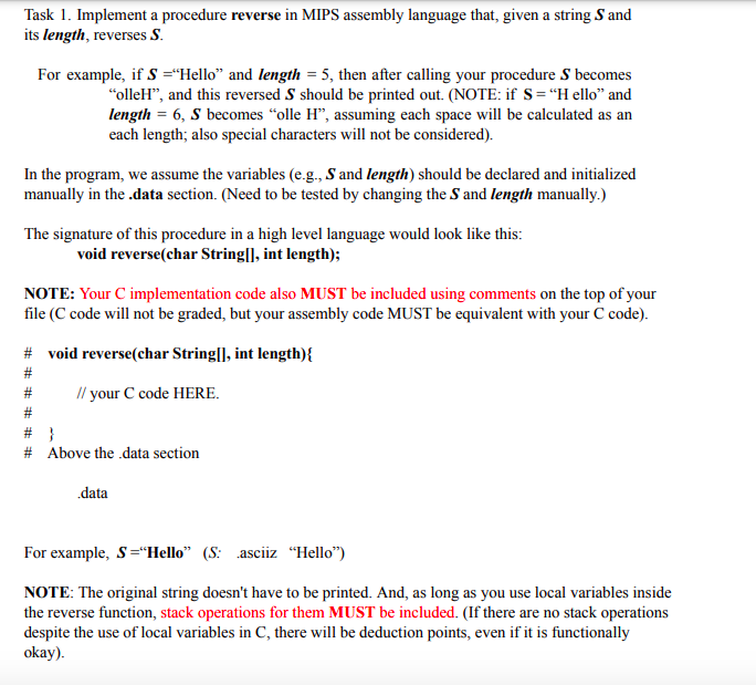 Task 1. Implement a procedure reverse in MIPS | Chegg.com