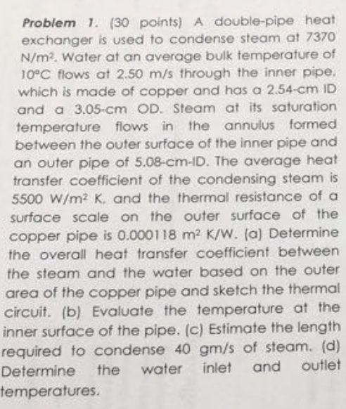 Solved Problem 1. (30 points) A double-pipe heat exchanger | Chegg.com