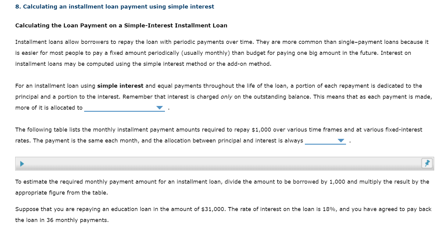Solved 8. Calculating an installment loan payment using | Chegg.com