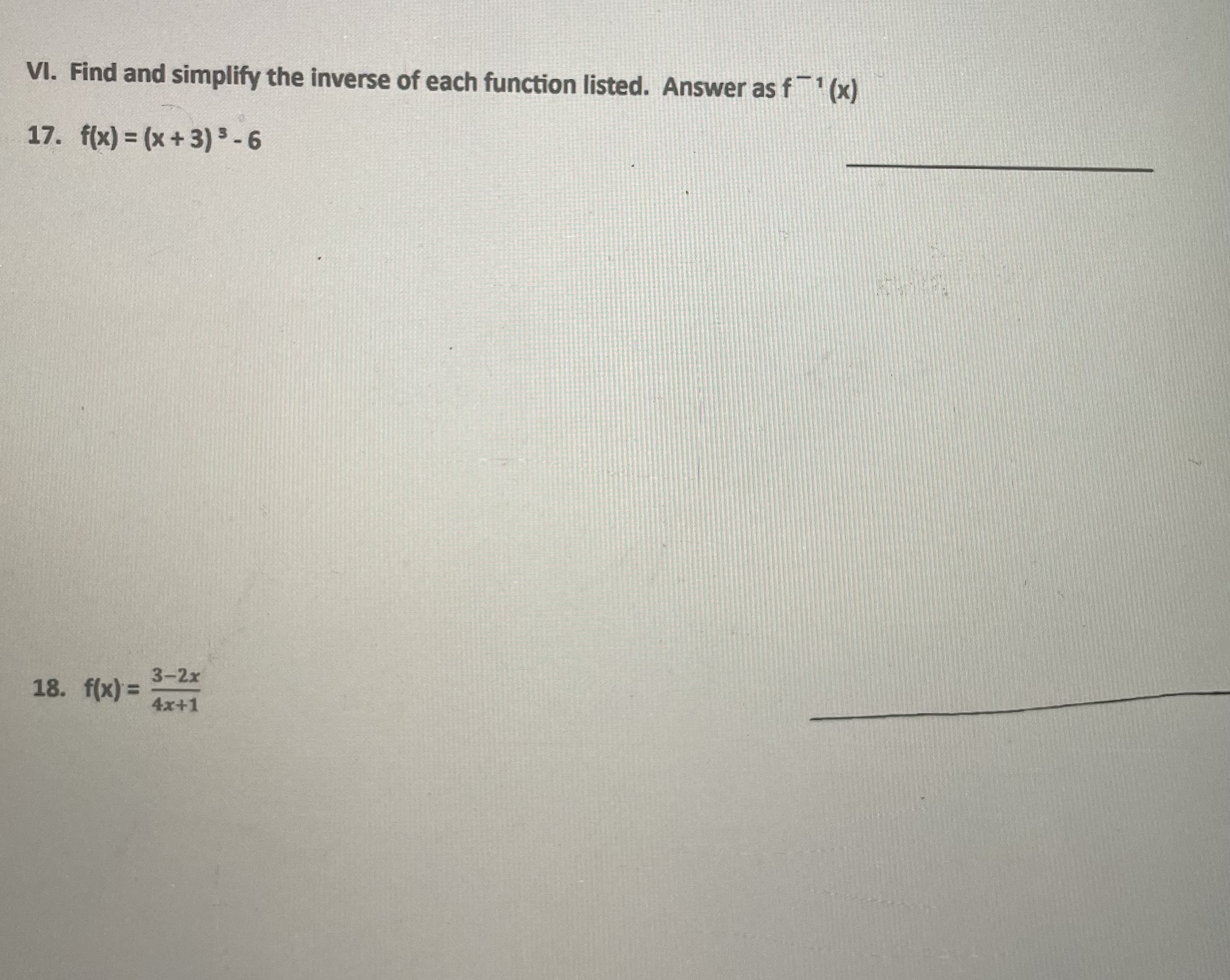 Solved VI. Find and simplify the inverse of each function | Chegg.com