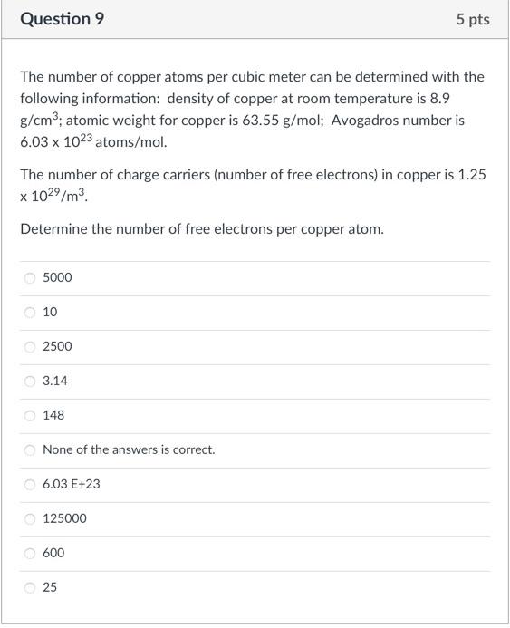 Solved Question 9 5 pts The number of copper atoms per cubic | Chegg.com