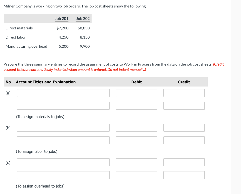 Solved Milner Company is working on two job orders. The job | Chegg.com