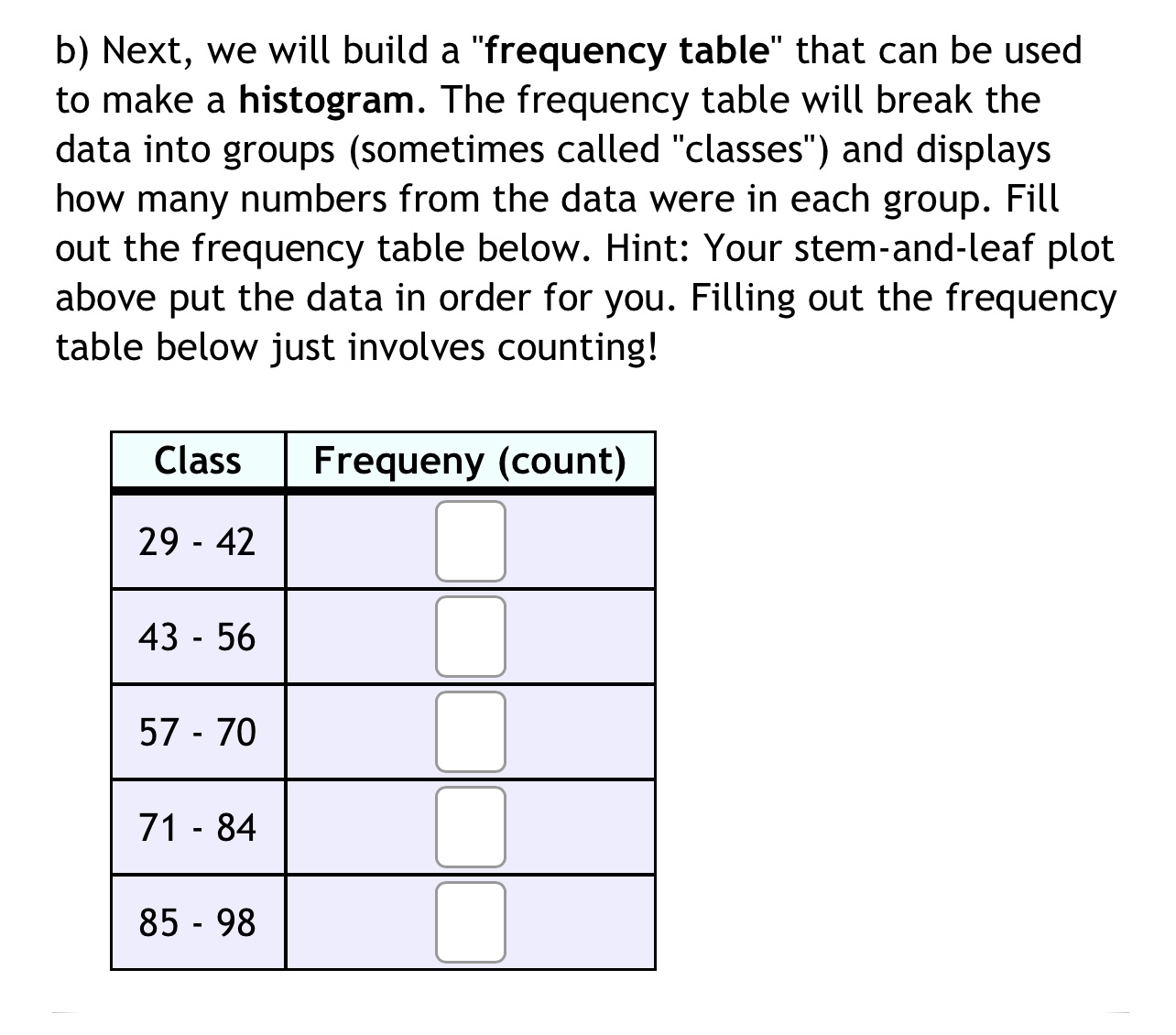 Solved b) Next, we will build a "frequency table" that can | Chegg.com