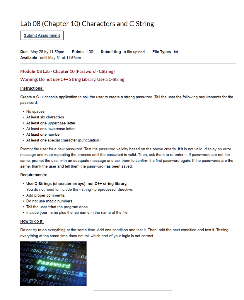 Solved Lab 08 (Chapter 10) Characters and C-String Submit | Chegg.com