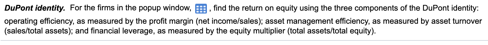 Solved DuPont identity. For the firms in the popup window, | Chegg.com