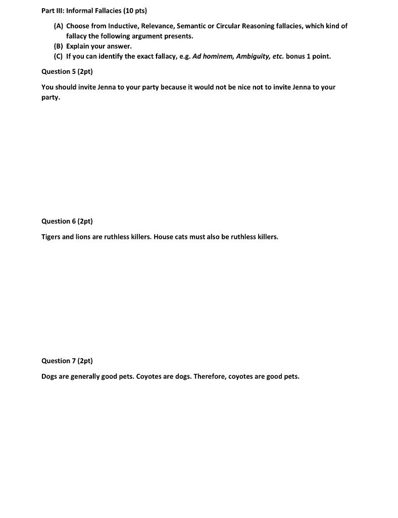 Solved Part III: Informal Fallacies (10 pts) (A) Choose from | Chegg.com