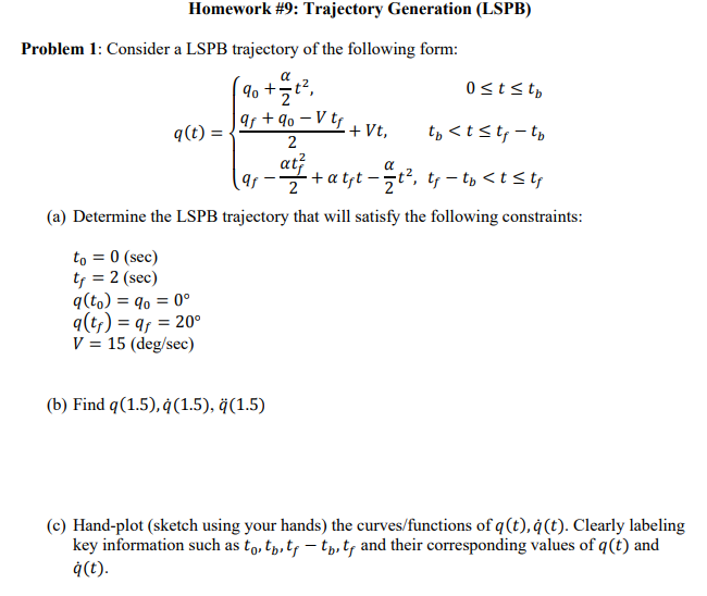 Homework #9: Trajectory Generation (LSPB) Problem 1: | Chegg.com