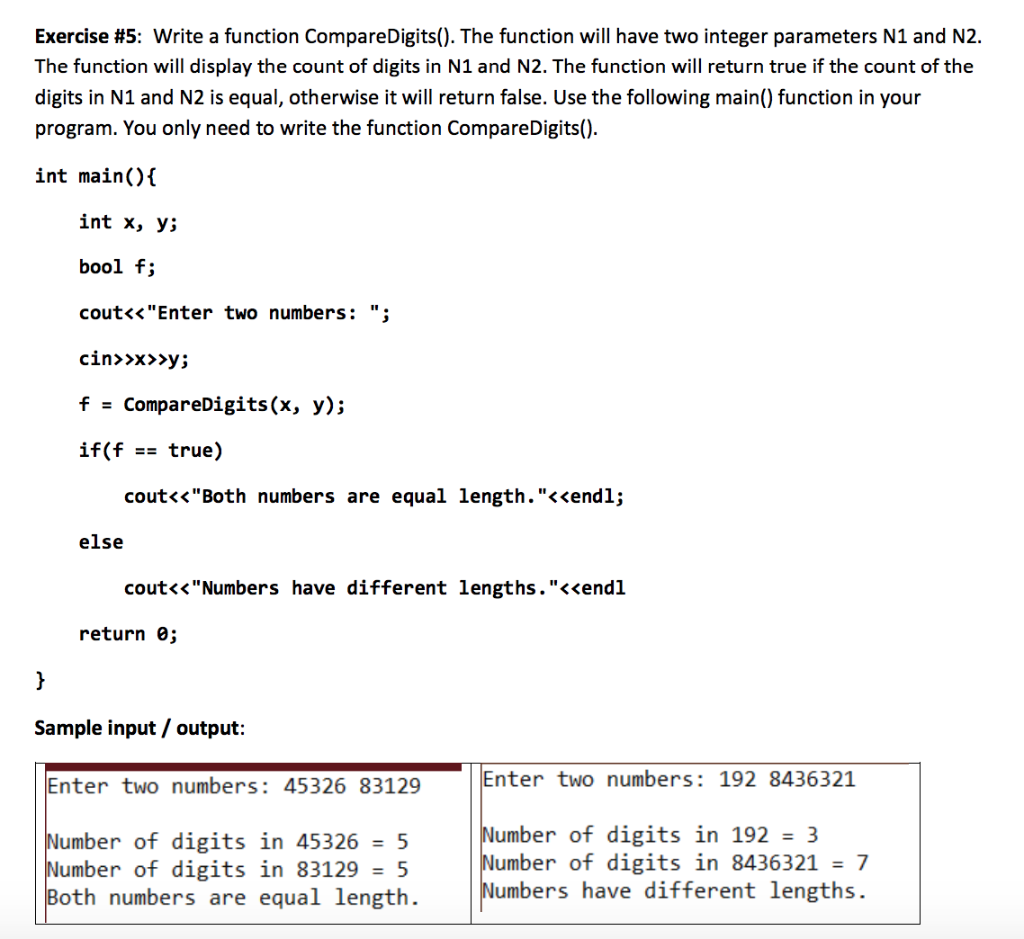 Solved Exercise #5: Write a function CompareDigits(). The | Chegg.com