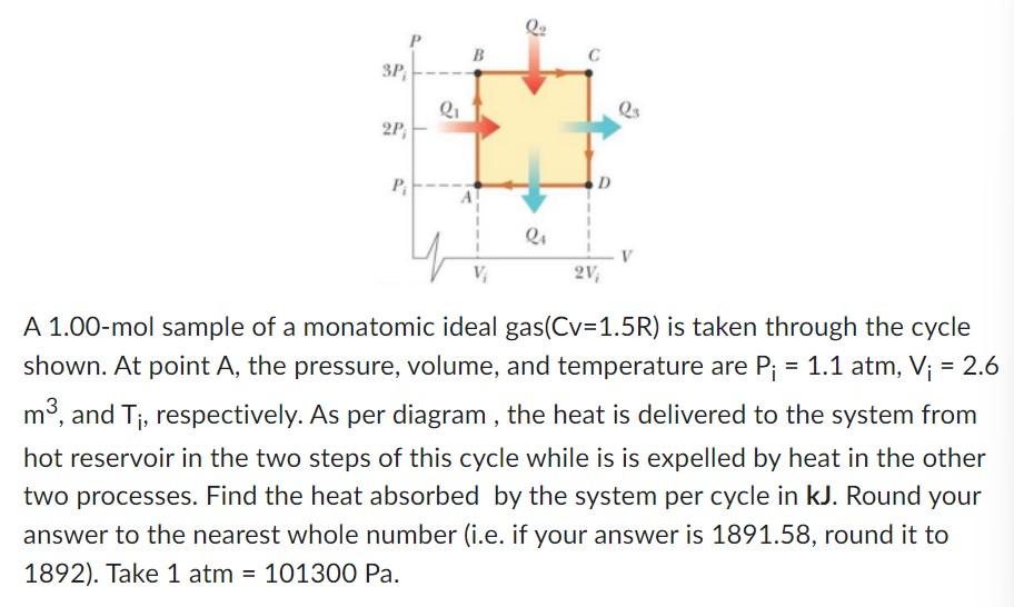 Solved A 1.00-mol sample of a monatomic ideal gas (Cv=1.5R) | Chegg.com