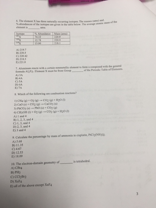 Solved 6. The element X has three naturally occurring | Chegg.com