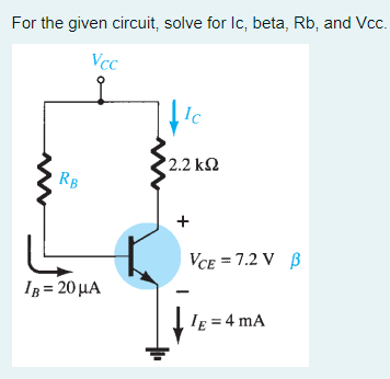 Solved For the given circuit, solve for Ic, beta, Rb, and | Chegg.com