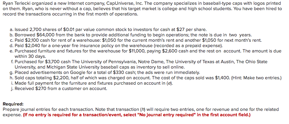 Solved Ryan Terlecki organized a new Internet company, Cap | Chegg.com