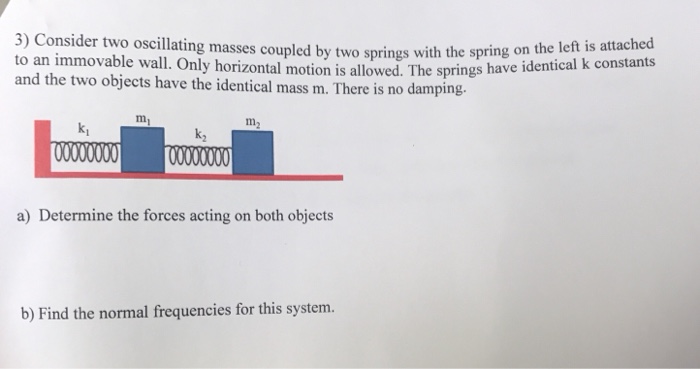 Solved 3) Consider two oscillating masses coupled by two | Chegg.com