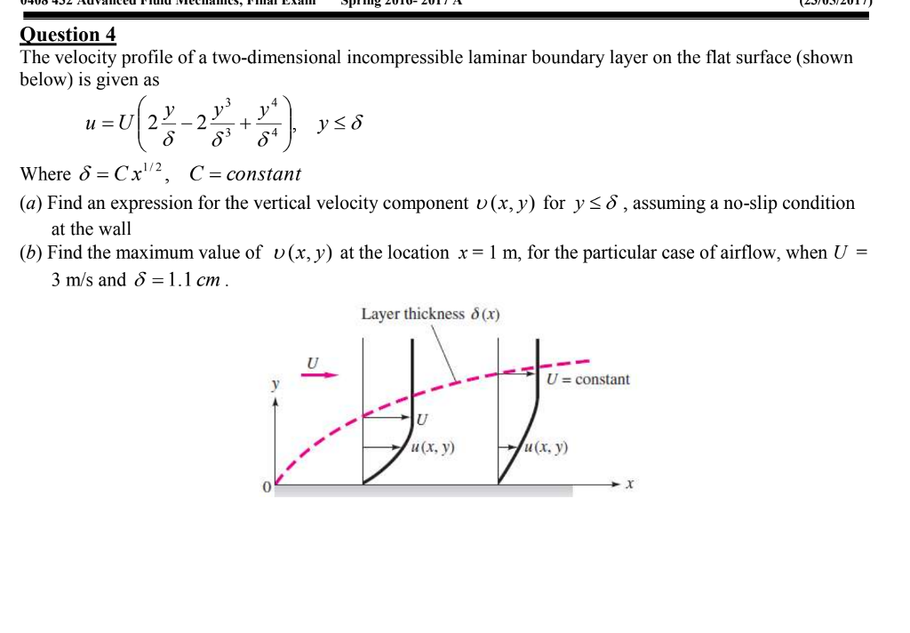 Solved uestion 4 The velocity profile of a two-dimensional | Chegg.com