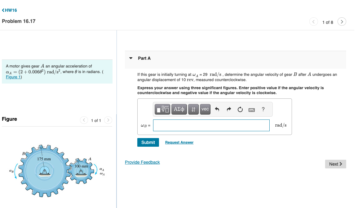 Solved A motor gives gear A an angular acceleration of | Chegg.com