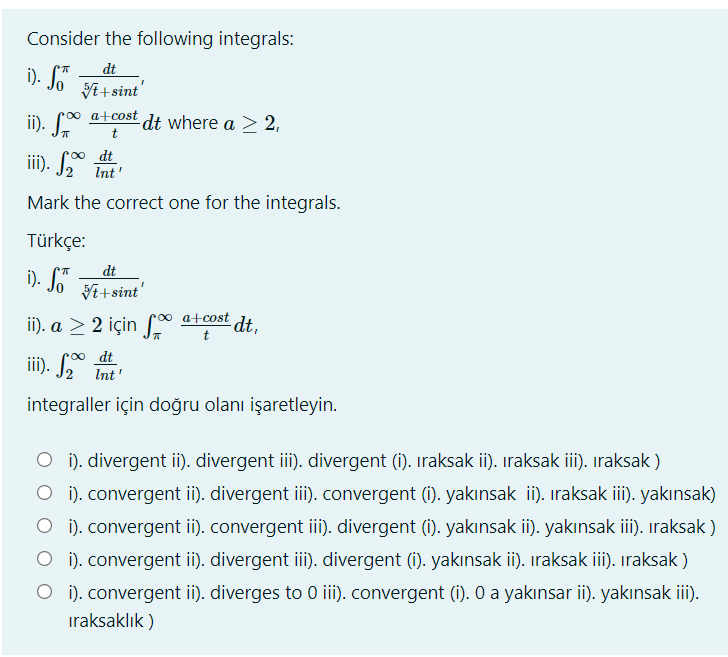 Solved Consider the following integrals: dt 1). S0* 5t+sint | Chegg.com