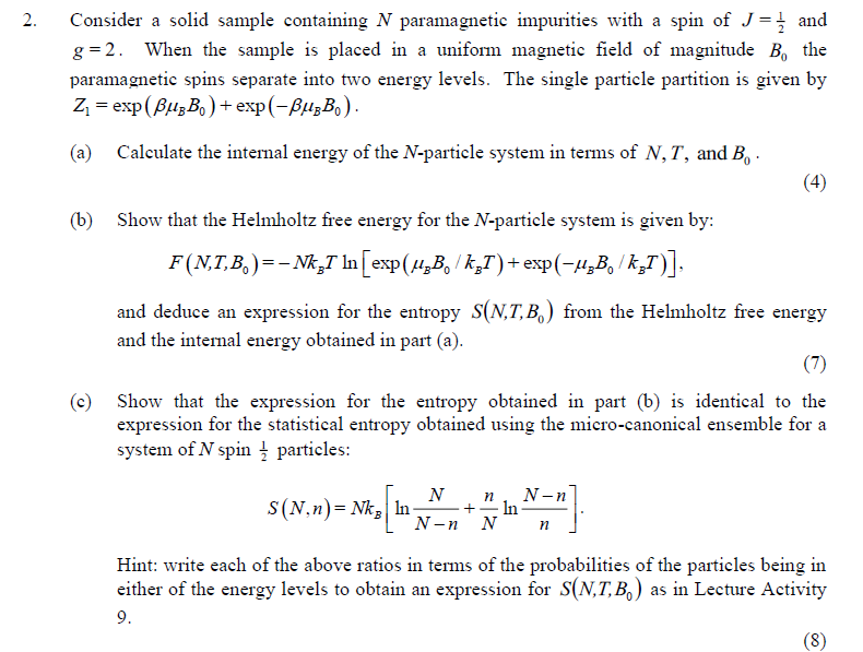 Solved 2. Consider a solid sample containing N paramagnetic | Chegg.com