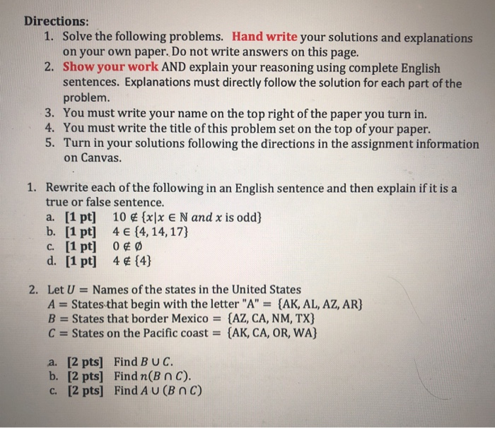 Solved Directions: 1. Solve the following problems. Hand | Chegg.com