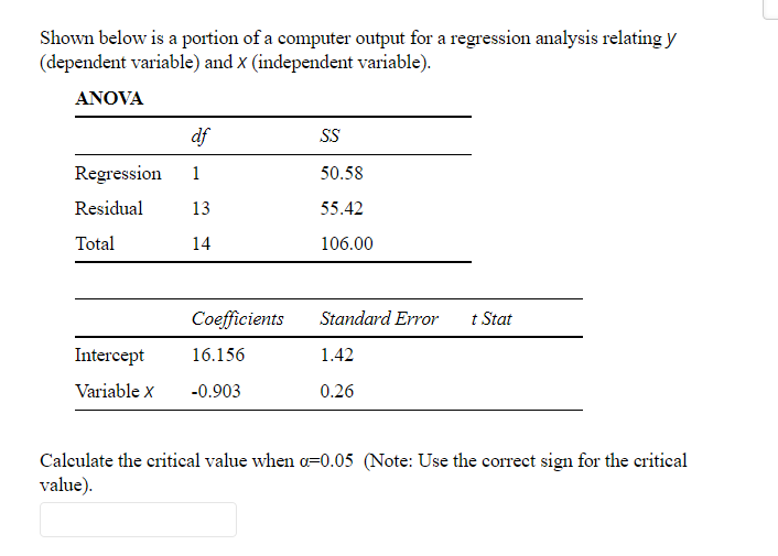 Solved Shown Below Is A Portion Of A Computer Output For A 