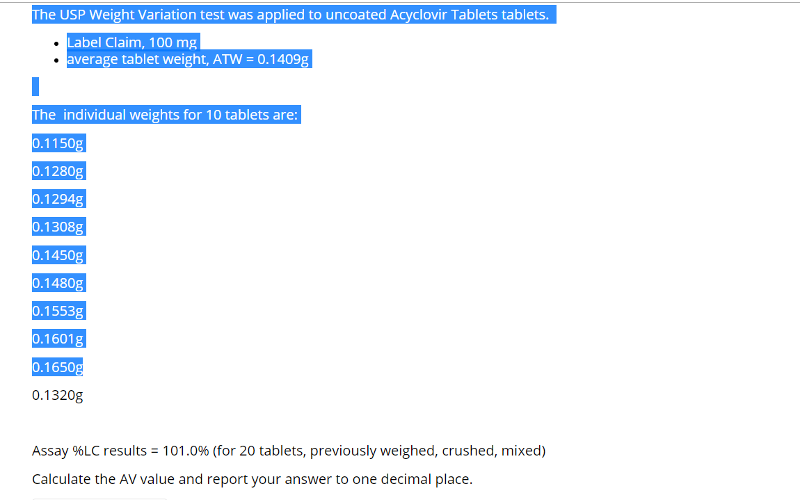 Solved The USP Weight Variation test was applied to uncoated | Chegg.com