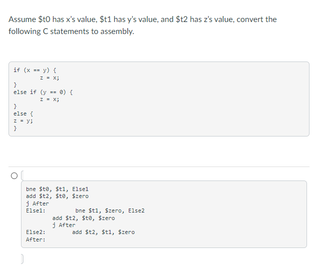 Solved Assume $t0 has x's value, $t1 has y's value, and $t2 | Chegg.com