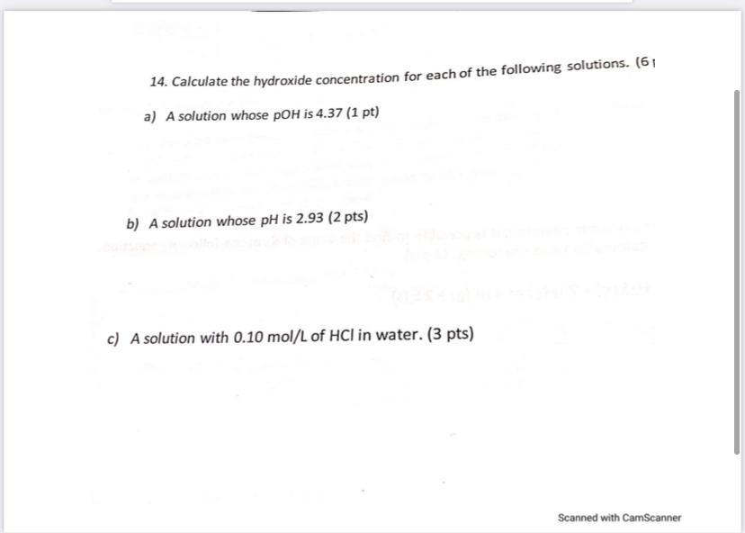 Solved 14. Calculate the hydroxide concentration for each of | Chegg.com